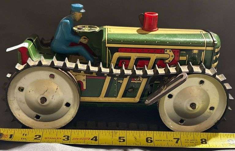 Tinplate Wind-Up Tractor Toy with Driver Figures and Metal Tracks ...