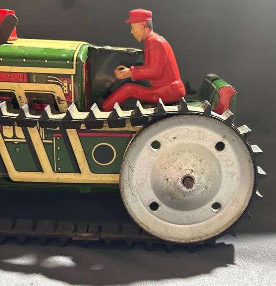 Tinplate Wind-Up Tractor Toy with Driver Figures and Metal Tracks ...