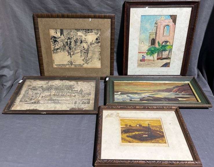 Five Framed Prints and Paintings inc. Robert Wood “Sunset Shore” & John ...