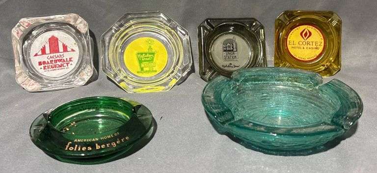 Six Glass Ashtrays in Various Colors and Designs, including Holiday Inn ...