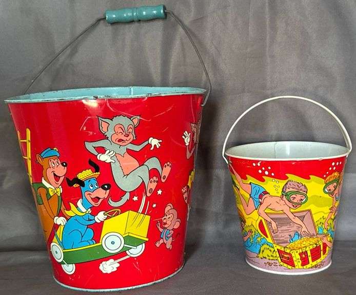 (2) Ohio Art Metal Buckets With Cartoon Graphics and Handles - Metzger ...