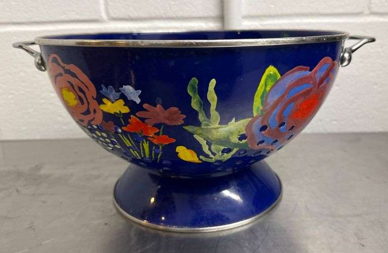 Blue Enamel Colander with Floral Designs and Metal Handles - PICK UP AT ...