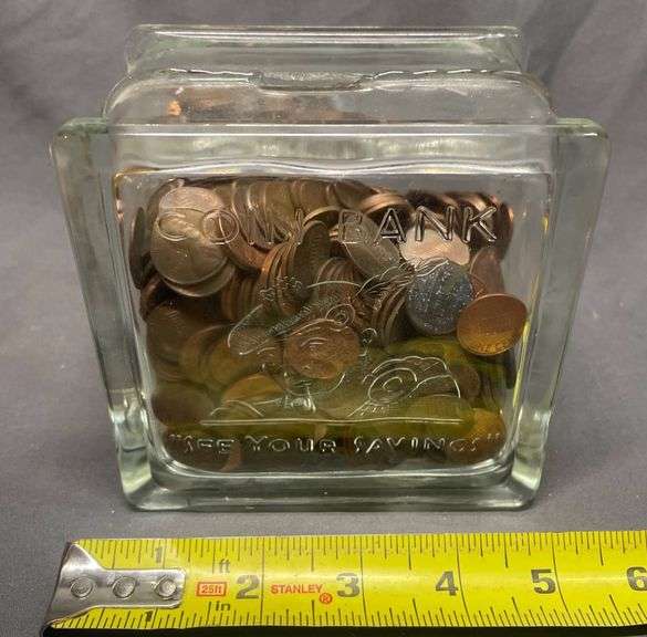 Clear Glass Coin Bank Featuring Embossed Graphics - Metzger Property ...