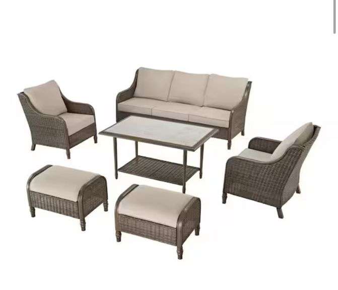 Hampton Bay Windsor 6-Piece Brown Wicker Outdoor Patio Conversation ...