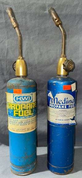 Two Metal Propane Torches with HW and Medinas Fuel Canisters (one empty ...