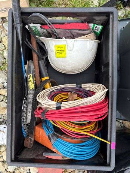Two Storage Totes Containing Assorted Ropes, Cords, and Tools - Metzger ...