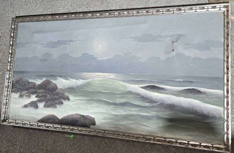 Seascape Oil Painting on Canvas with Metallic Frame (puncture tear in ...