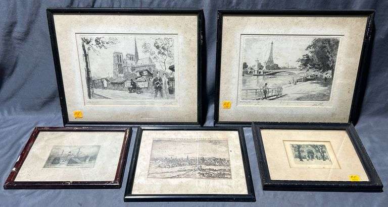 Five Framed Engravings and Etchings, Including Signed Works by Heller ...