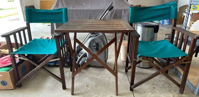 Two Folding Armchairs with Canvas Seats and Matching Folding Slatted ...