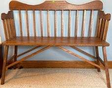 Spindle-Back Bench with Blue Cushion, 43.75×34 - Metzger Property ...