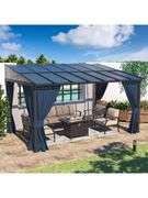 HALMUZ - 10 ft. x 14 ft. Brown Hardtop Wall Mounted Gazebo with Sloping Pitched Roof and Curtain ...