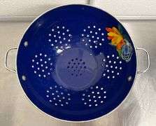 Blue Enamel Colander with Floral Designs and Metal Handles - PICK UP AT ...