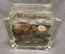 Clear Glass Coin Bank Featuring Embossed Graphics - Metzger Property ...