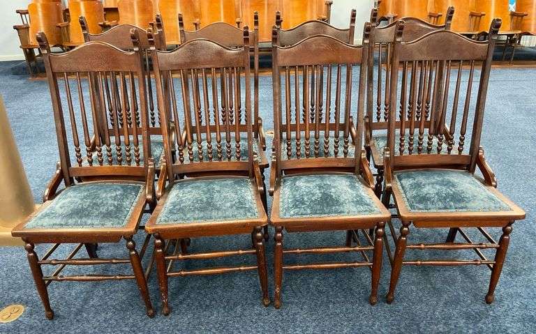 8 High-Back Chairs with Blue Upholstered Seats and Spindle Detailing ...