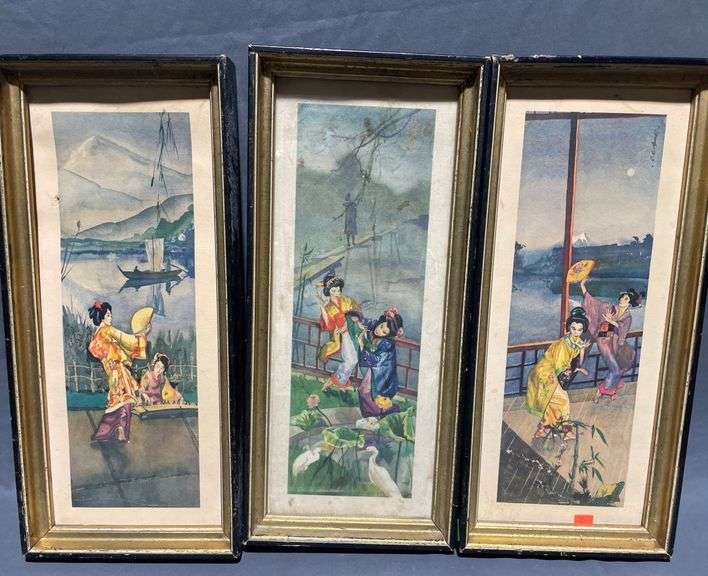 Framed Fleck Bros. Stylized Artwork Featuring Japanese Scenes, 18″ x 8. ...