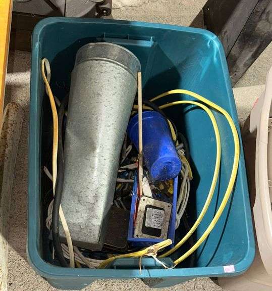 Plastic Storage Bin Containing Electrical Cords, Metal Duct Piece, and ...