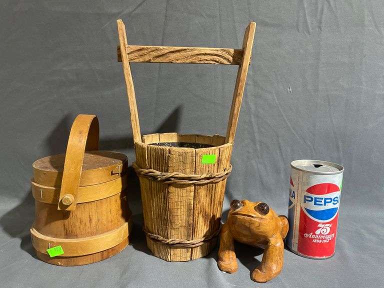 Wood Buckets, Pepsi 75th Anniversary Can, and Frog Figurine - Metzger ...