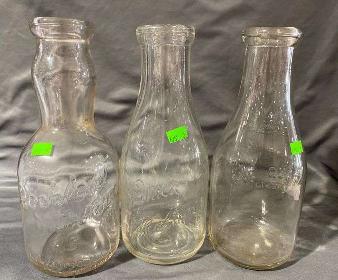 3 Glass Milk Bottles with Embossed Lettering inc. Rockford Dairy, 9 ...