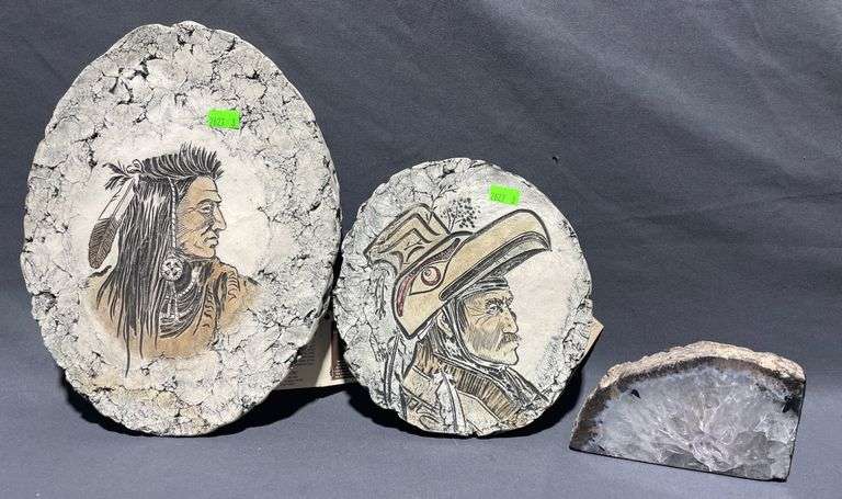 Two Native American-Themed Painted Stone Plaques and Geode Segment ...
