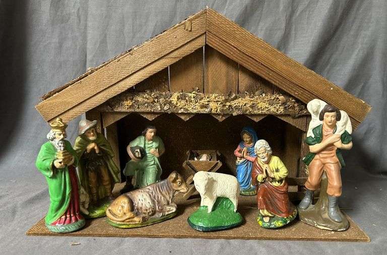 Hand-Painted Nativity Scene with Figures and Wood Stable 15”x7.5”x10 ...
