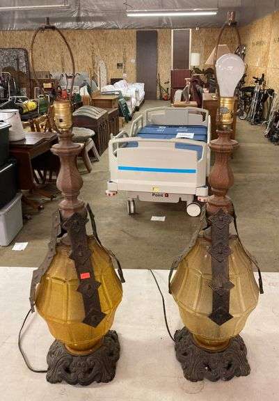 2-Yellow Glass And Metal Table Lamps With Ornate Bases (do not work ...