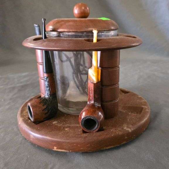 Pipe Holder and Tobacco Humidor with 3 Pipes and Glass Jar and Lid, 10 ...