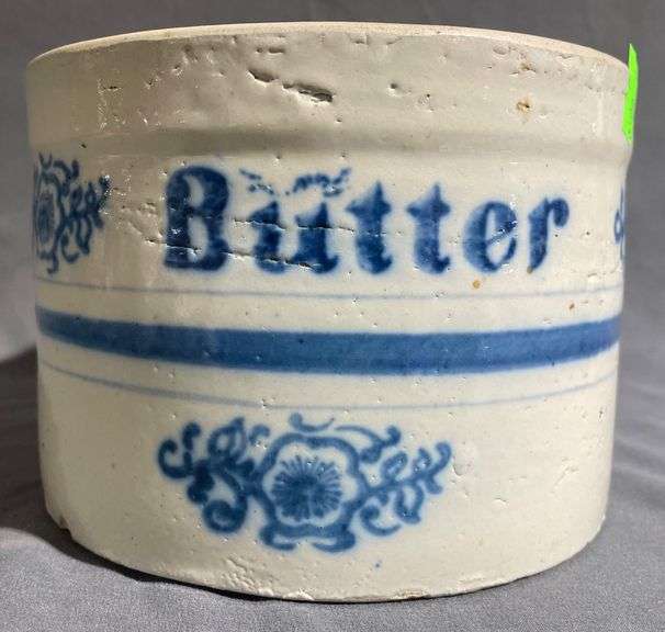 Stoneware Butter Crock with Blue Floral and Script Design 6.5”x4.5 ...