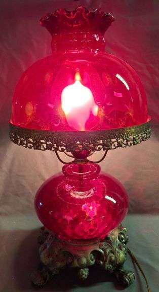 Red Glass Lamp With Ornate Metal Base, 20″ Height - Metzger Property ...