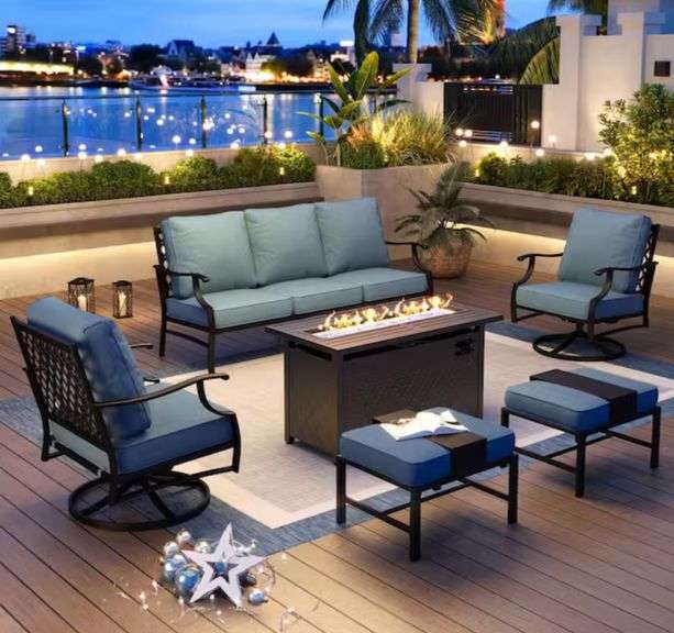 PHI VILLA Black Metal Meshed 7 Seat 6-Piece Steel Outdoor Fire Pit ...