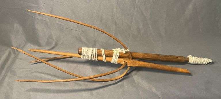 Handcrafted Fishing Gig with Multi-Pronged Wood Fork and Twine Wrapping ...