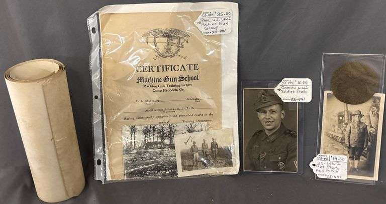 Military Memorabilia Group: Photos, Machine Gun School Certificate, and ...