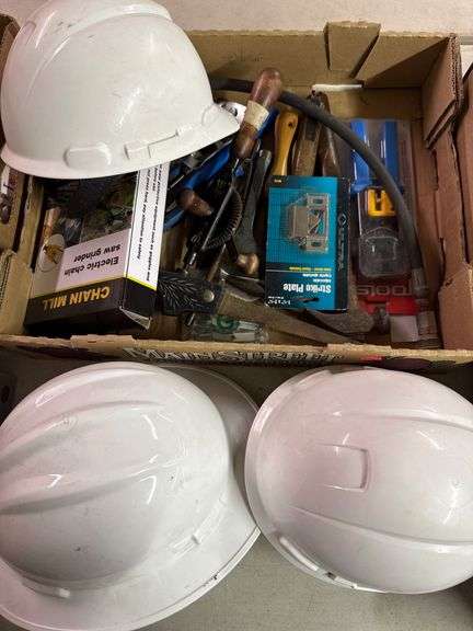 Box Lot of White Hard Hats, Hand Tools, and Accessories - Metzger ...