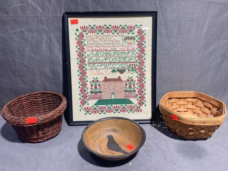 Framed Sampler, Longaberger Basket, Painted Wood Bowl, and Wicker ...