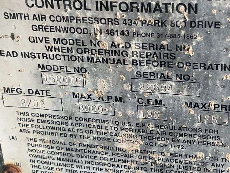 Smith 1300DIC Portable Air Compressor, serial #22694 - Metzger Property ...