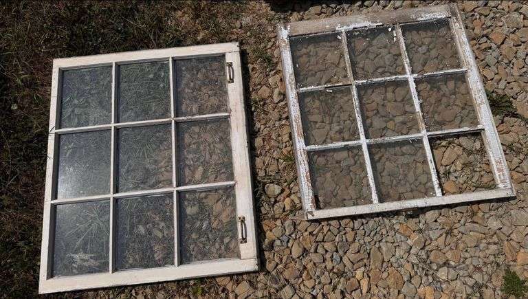 2 Pane White Window Frames with Nine Grids, One Missing Glass Pane, 34 ...