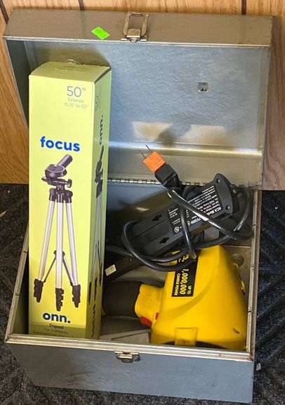 Metal Box Containing Onn Tripod, Dewalt Light, and Power Strip ...