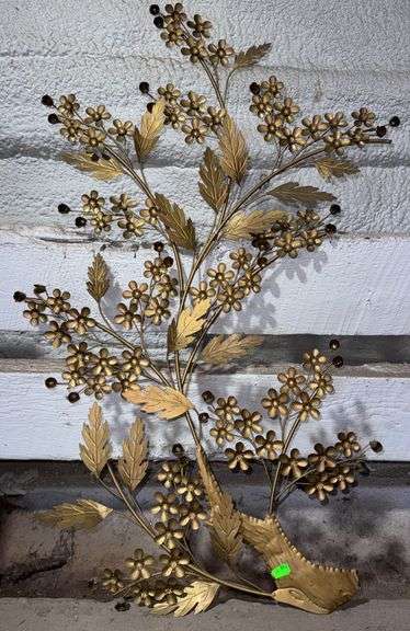(2) Gilded Metal Wall Sculptures with Botanical Motif, 34 Inches ...