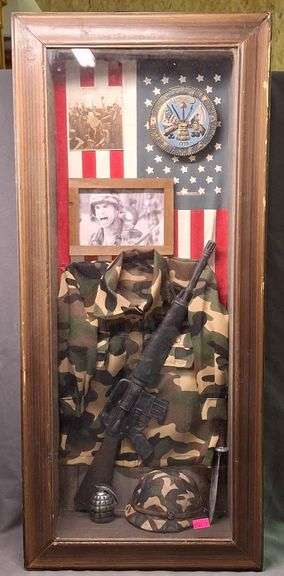 Shadow Box Display With Military Uniform Replica, Rifle Replica, and ...