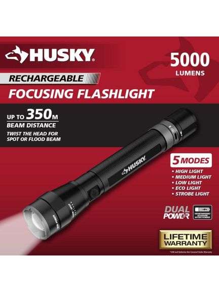HUSKY - 5000 Lumens Dual Power LED Rechargeable Focusing Flashlight ...