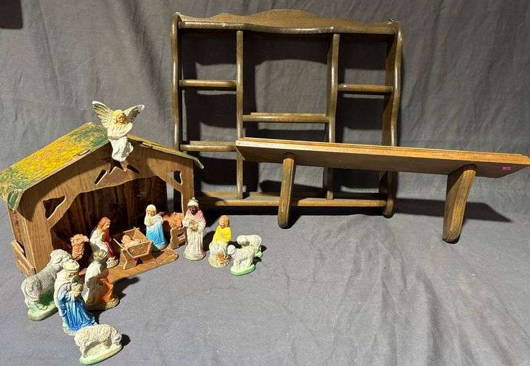 Nativity Scene with Figurines & Manger, Shelf, and Sectioned Decor ...