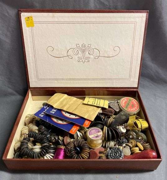 Buttons, Measuring Tape, Tools, and Spools in Decorative Box - Metzger ...