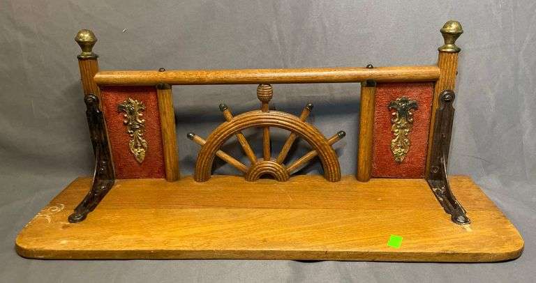Wood Wall Shelf with Ship Wheel Motif and Metal Brackets 22”x7”x8.5 ...