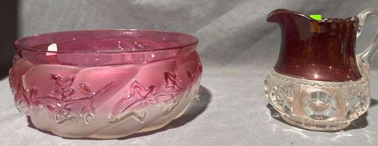 Pink Glass Bowl with Relief Designs and Ruby Red Glass Creamer, 3.5”x4 ...