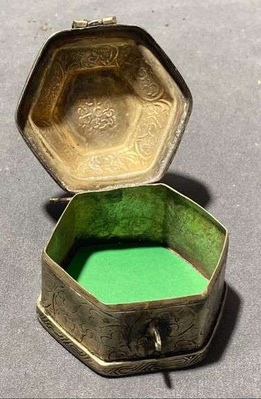 Hexagonal Metal Trinket Box with Hinged Lid and Engraved Designs ...