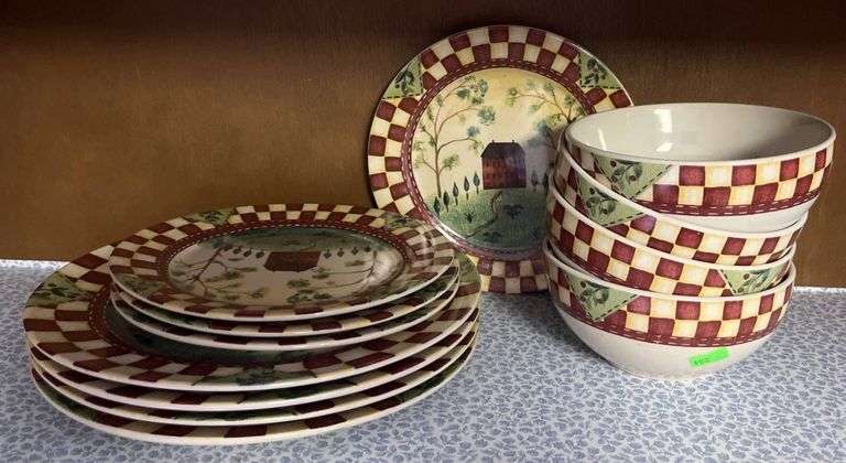 Thomson Pottery Dinnerware, Red Checkerboard and House Pattern ...