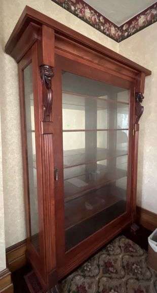 Glass-Front Display Cabinet with Lion's Head Carved Details, 55x18x85 ...