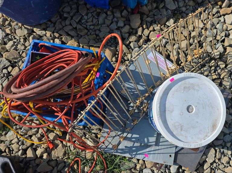 Extension Cords, Wire Holders, Metal Panels, and Plastic Bucket with ...