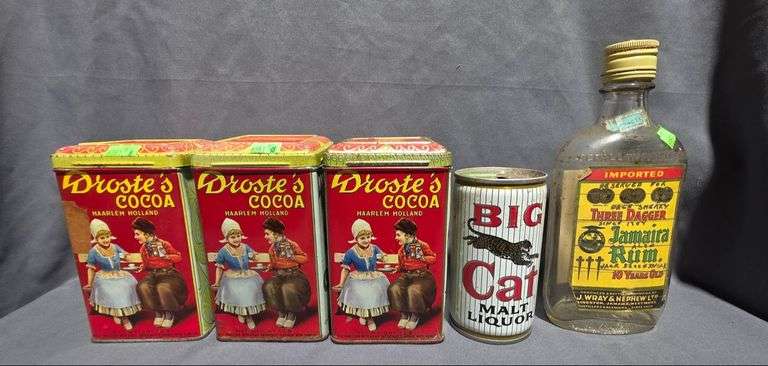 3 Droste’s Cocoa Tins, Big Cat Malt Liquor Can, and 3 Dagger Jamaica ...
