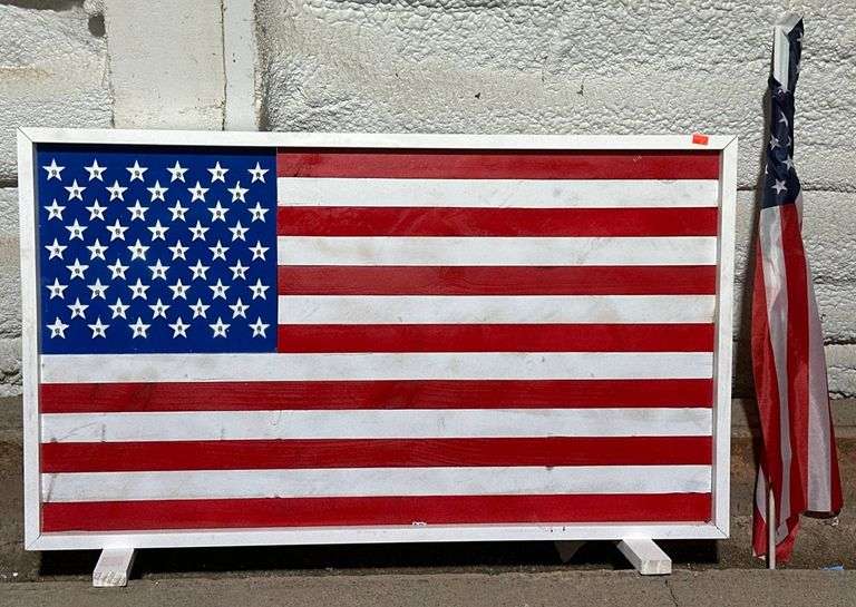 2 U.S. Flags: LED-Lit Wood Panel and Fabric Flag with Pole (35.5” x 21 ...