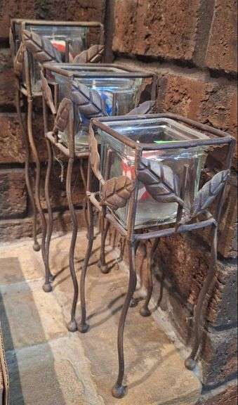 Metal Frame Candle Holders with Glass Inserts and Decorative Leaves ...
